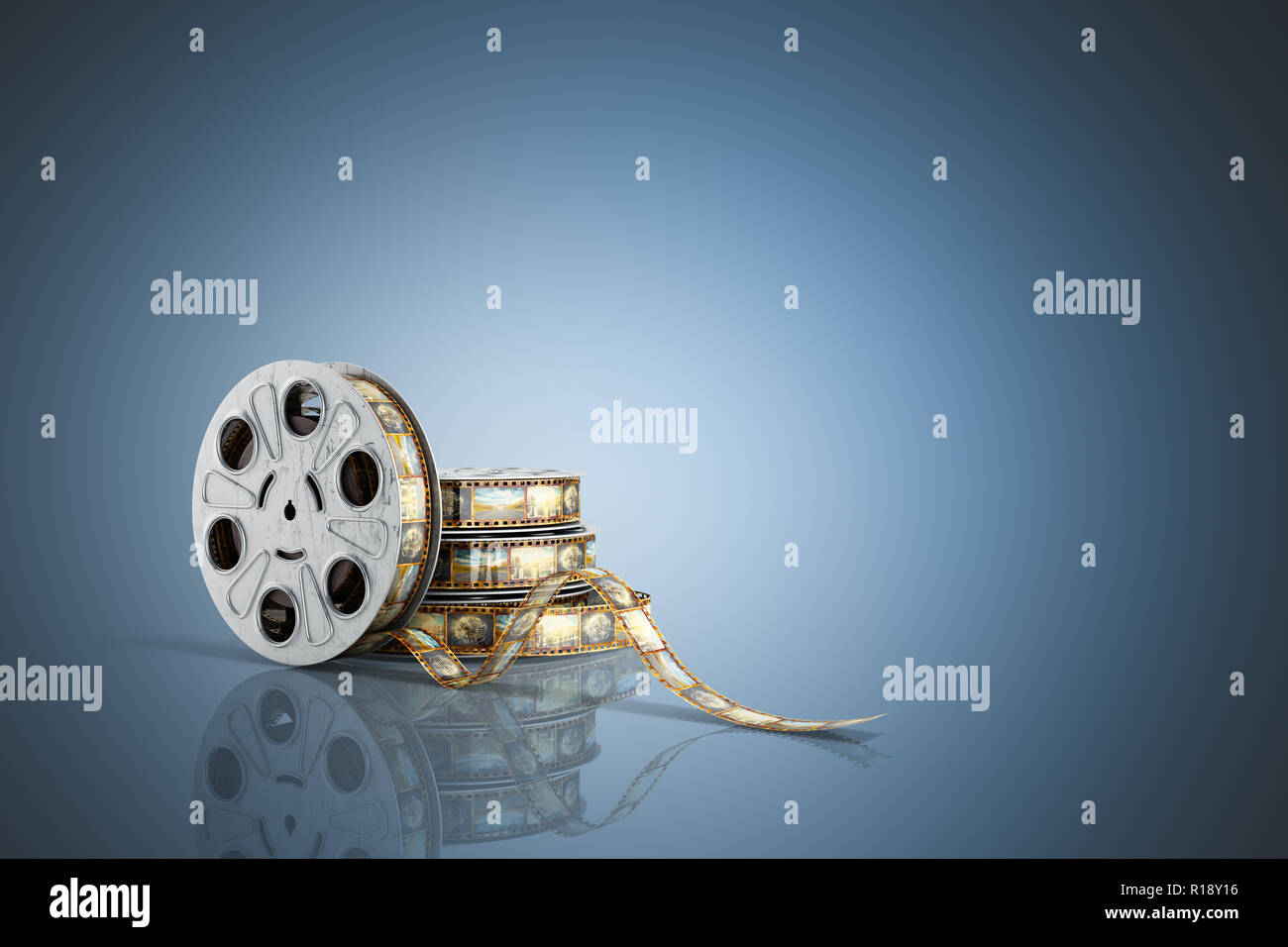 film reel with a film strip 3d render on blue Stock Photo - Alamy