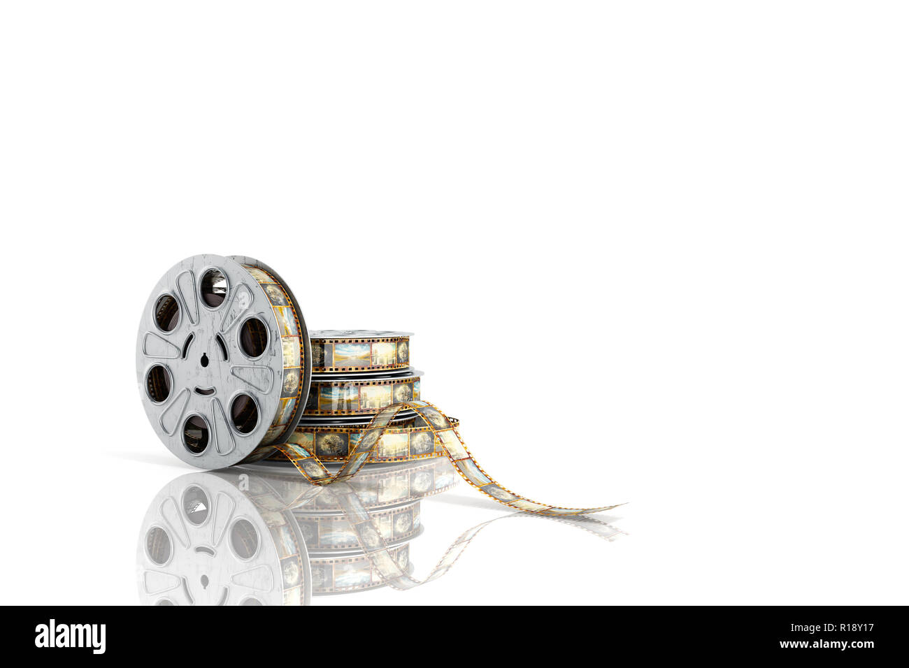 film reel with a film strip 3d render on white Stock Photo - Alamy