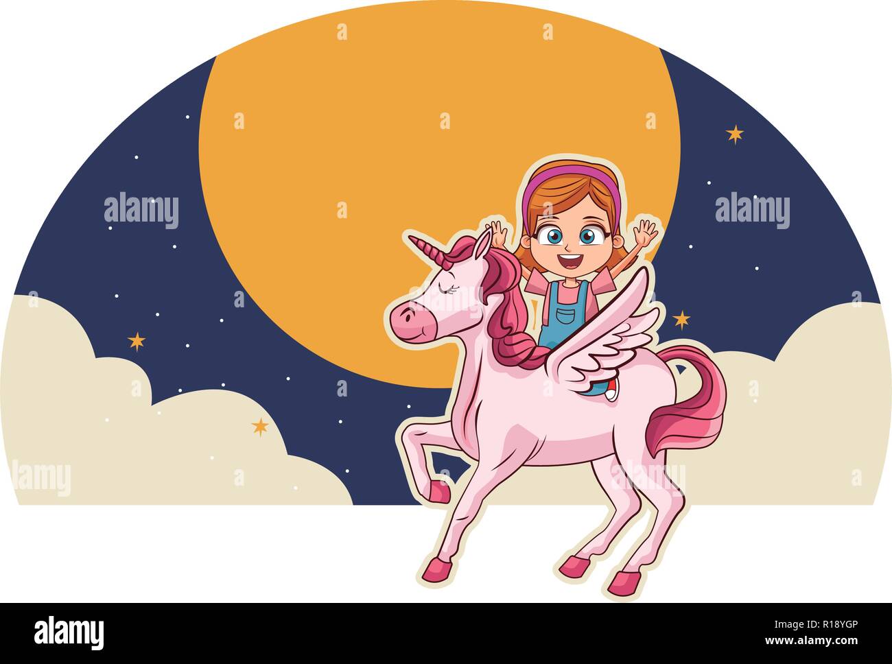 Girl riding unicorn cartoon flying at night in the sky vector illustration graphic design Stock ...