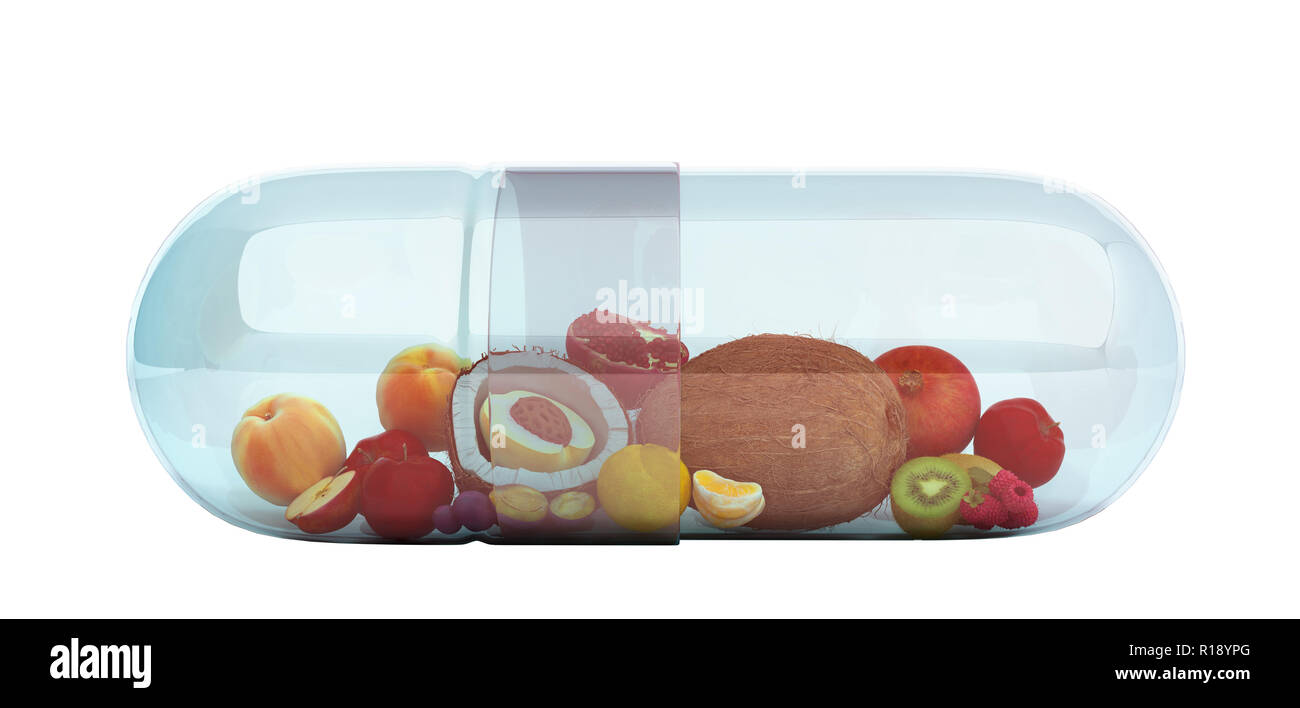 Different fruit in capsule healthy diet concept 3d render no shadow ...