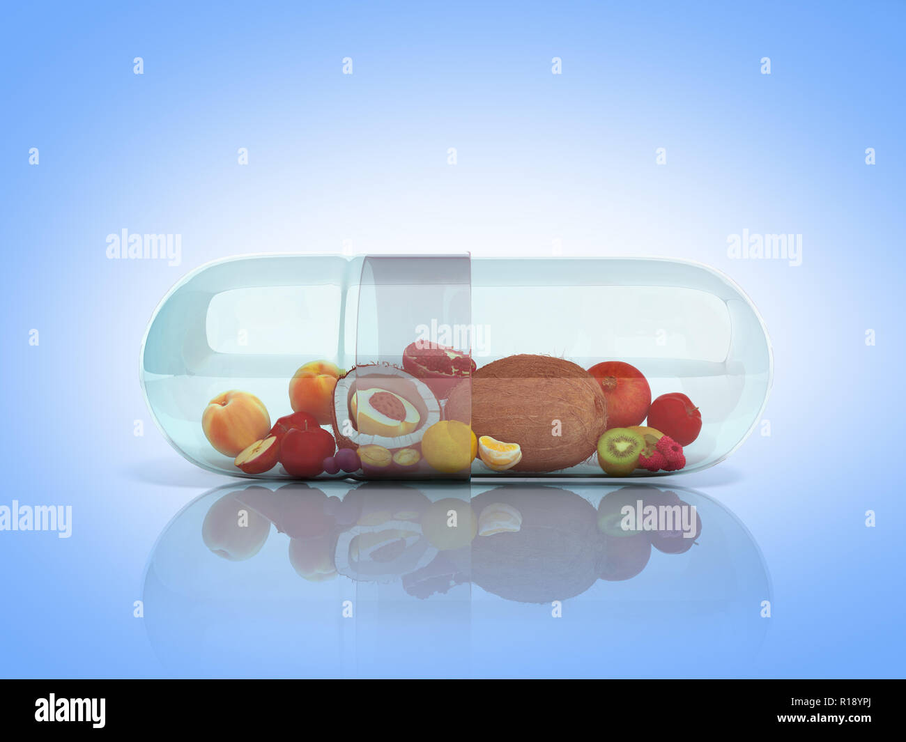 Different fruit in capsule healthy diet concept 3d render on g blue ...