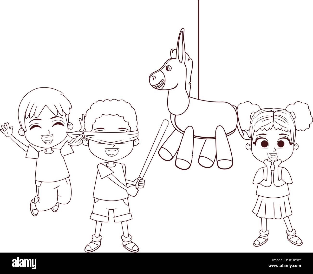 Kids playing pinata on birthday party brown and white lines vector ...