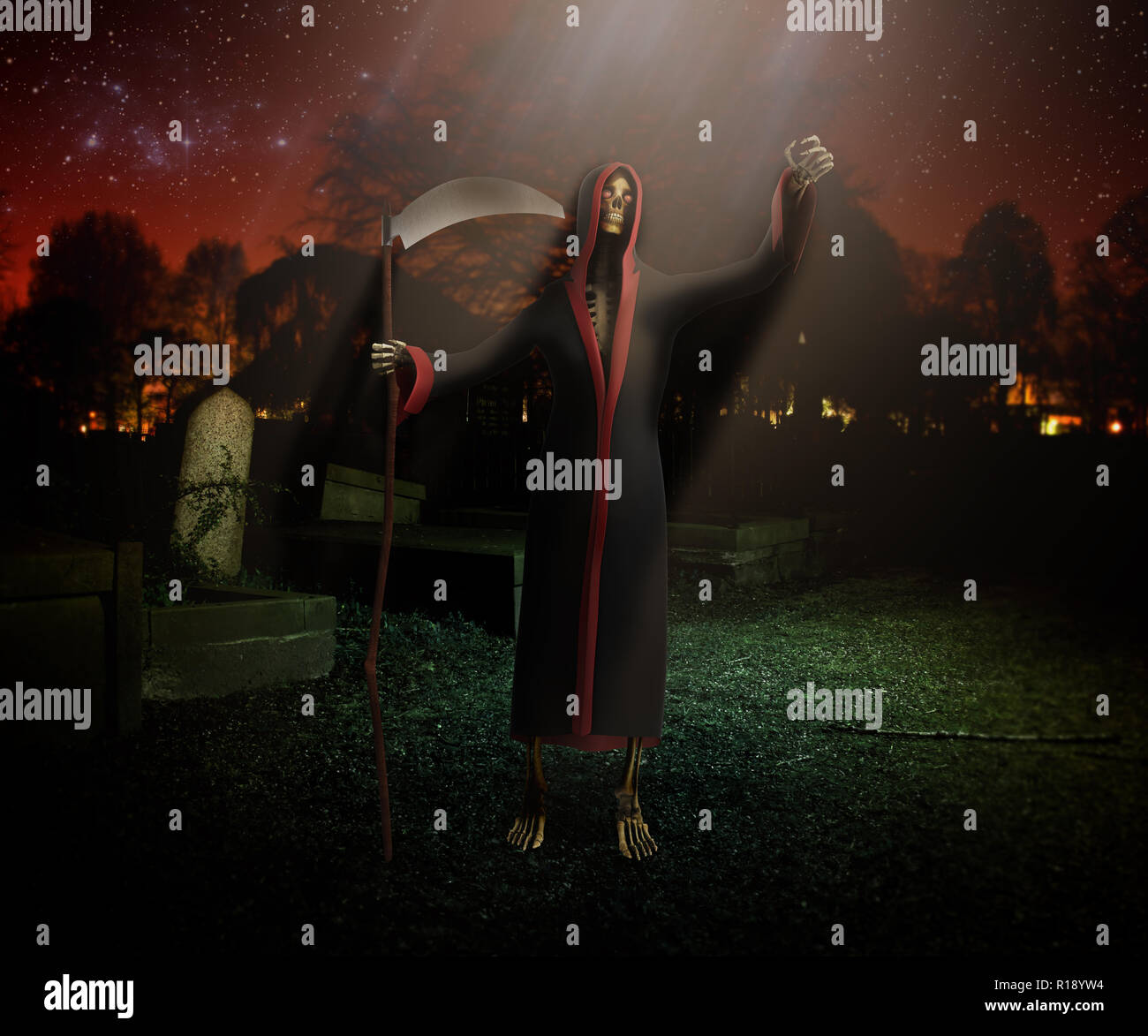 Death with a scythe at the cemetery 3d render background Stock Photo ...