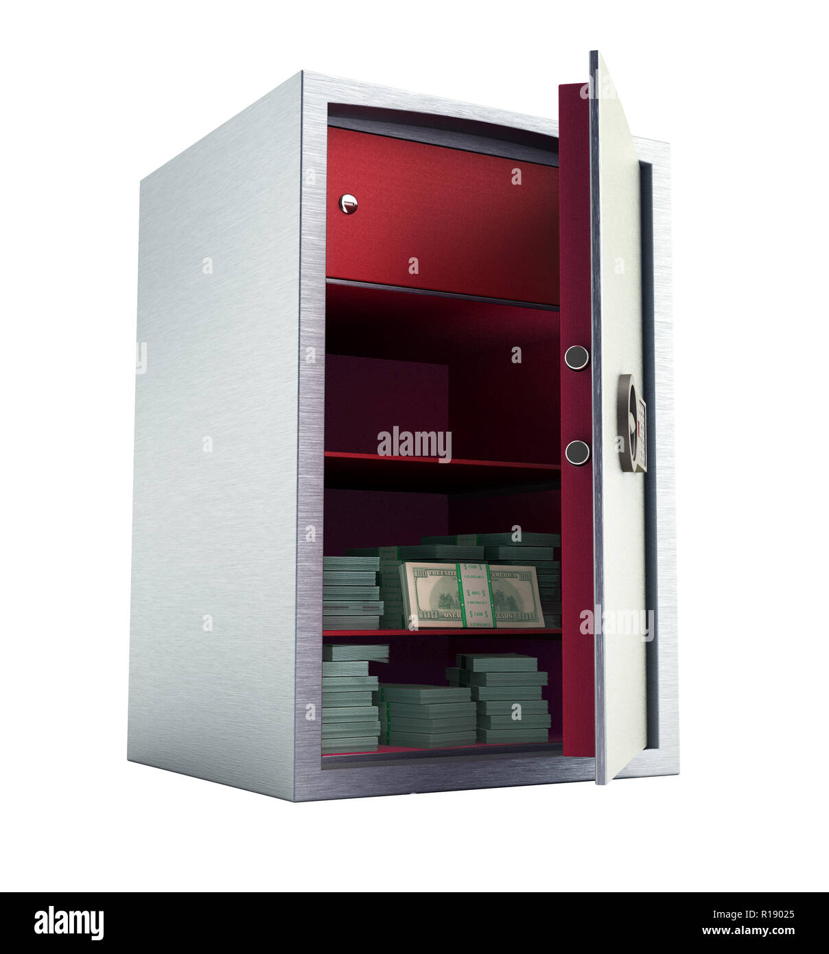 Bank safe with money stacks of dollar bills 3d render no shadow Stock ...