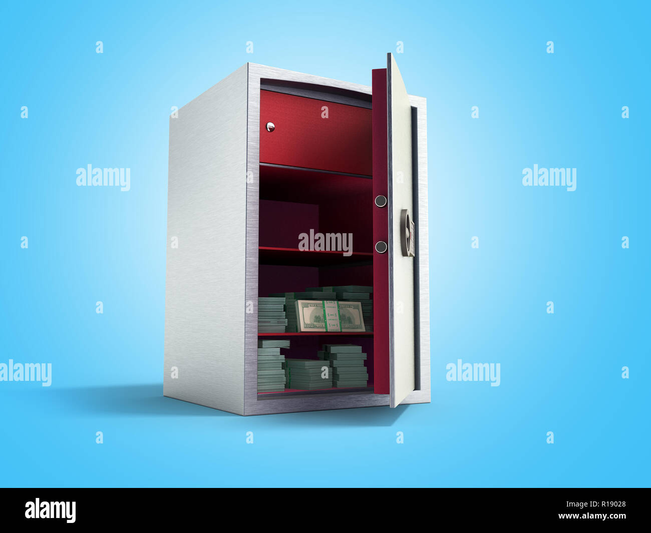 Bank safe with money stacks of dollar bills 3d render on blue Stock ...
