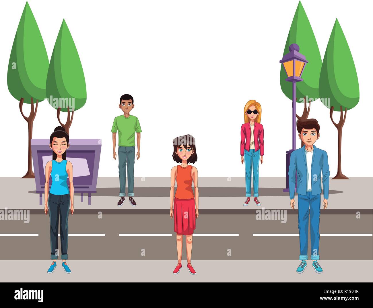 friends young people group over public street cartoon vector ...