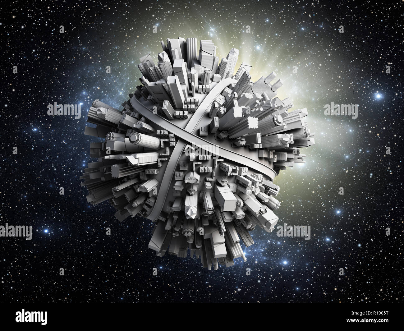 megalopolis aerial view 3d render image in space Stock Photo - Alamy