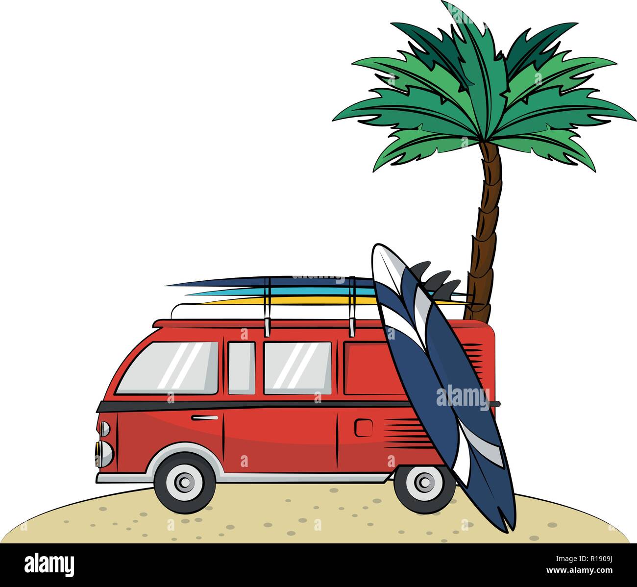 summer vintage car with surf table on the beach cartoons color vector ...