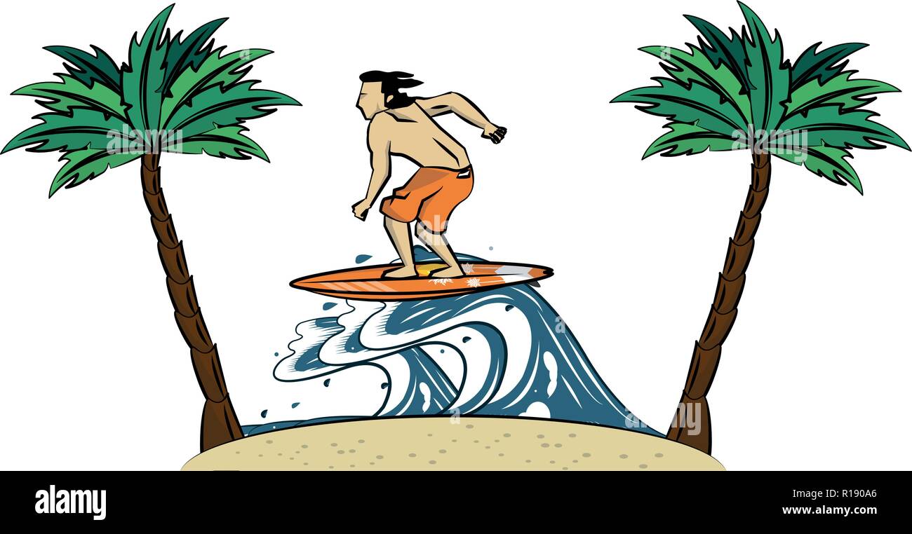 summer surfer man with surf table on the wave cartoon vector ...