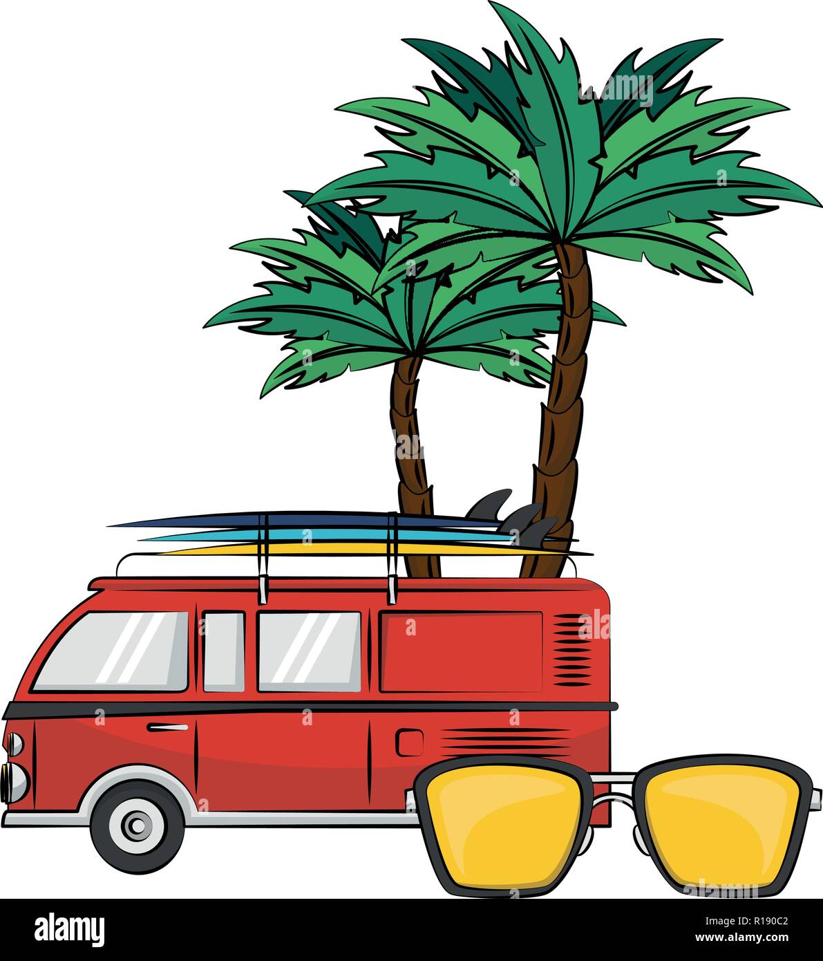 summer beach vintage car and sunglasses with palm tree cartoons color ...