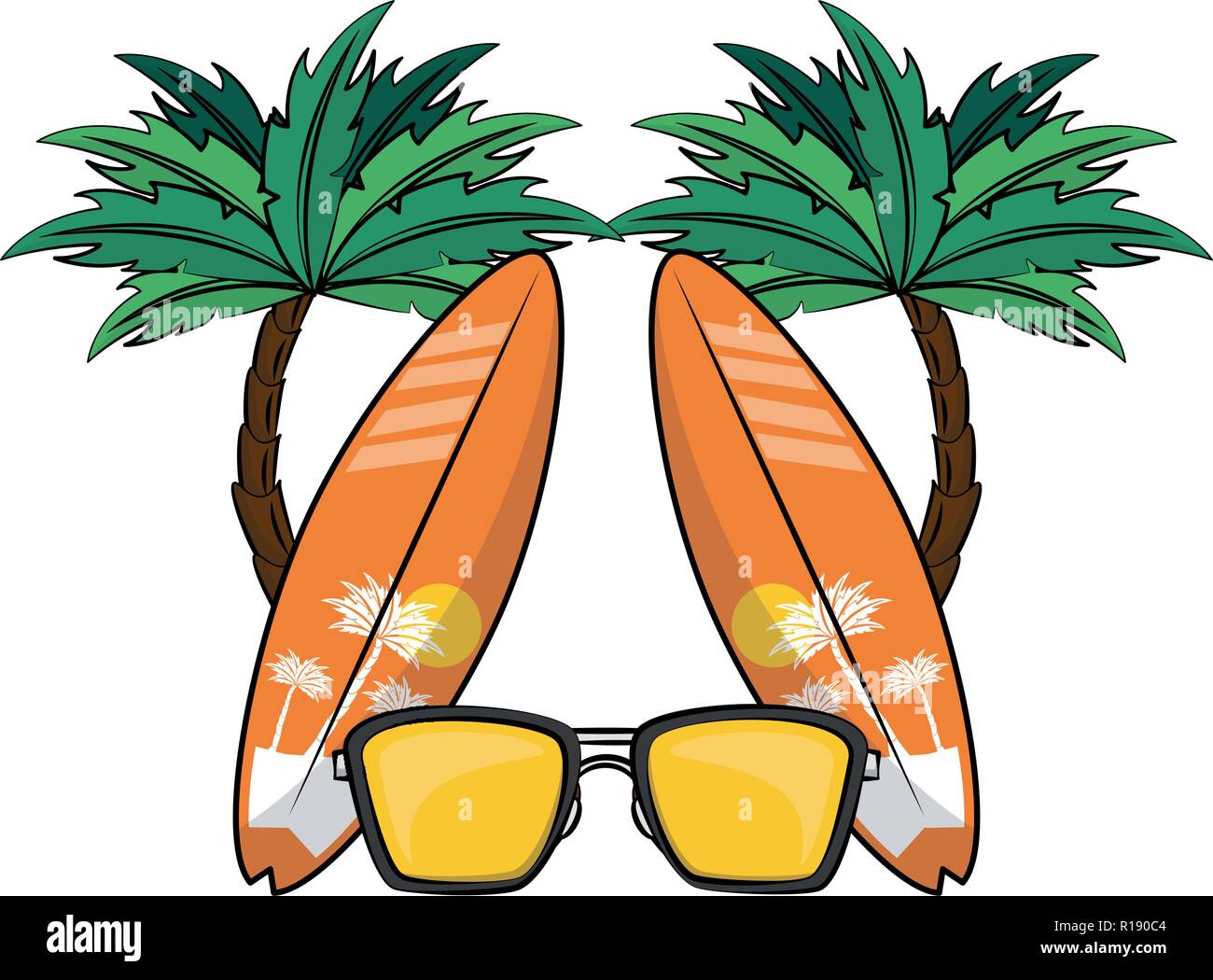 summer beach sunglasses and surf tables with palm trees cartoons color ...
