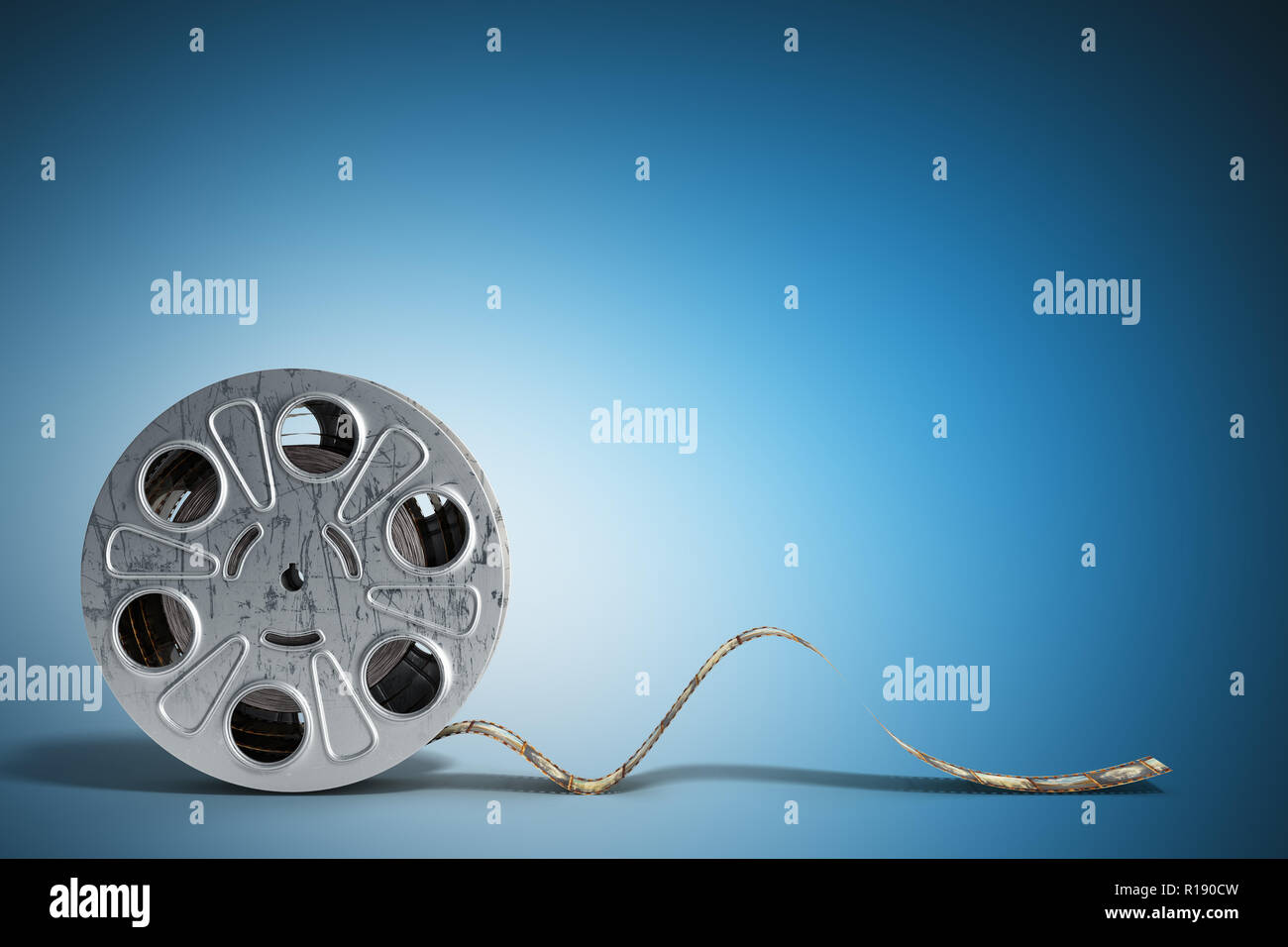 film reel with a film strip 3d render on blue Stock Photo - Alamy