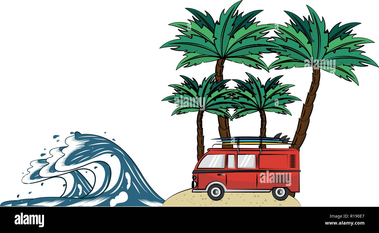 summer vintage car with palm trees on the beach with wave cartoons ...