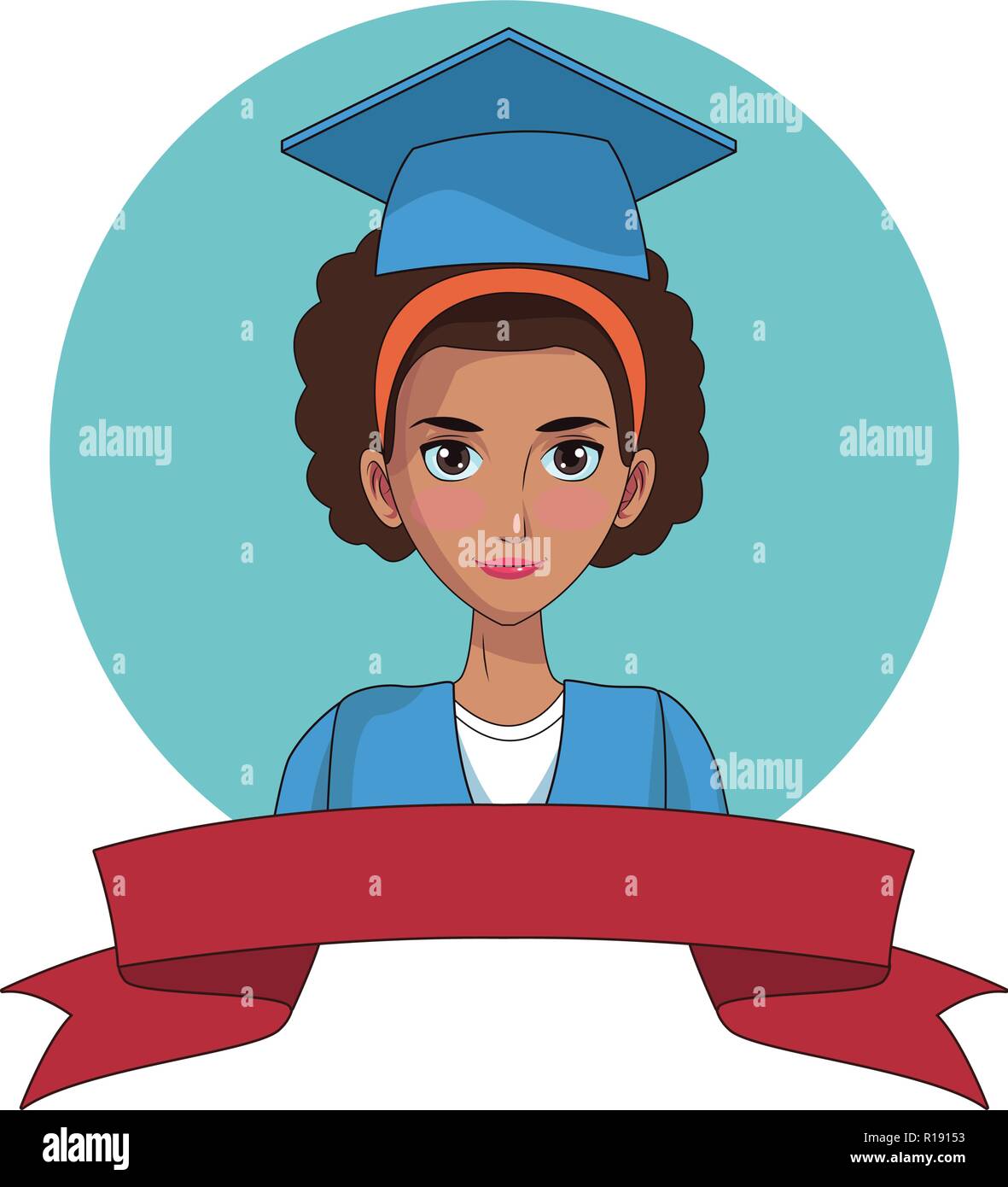 graduate young woman face with ribbon cartoon vector illustration ...