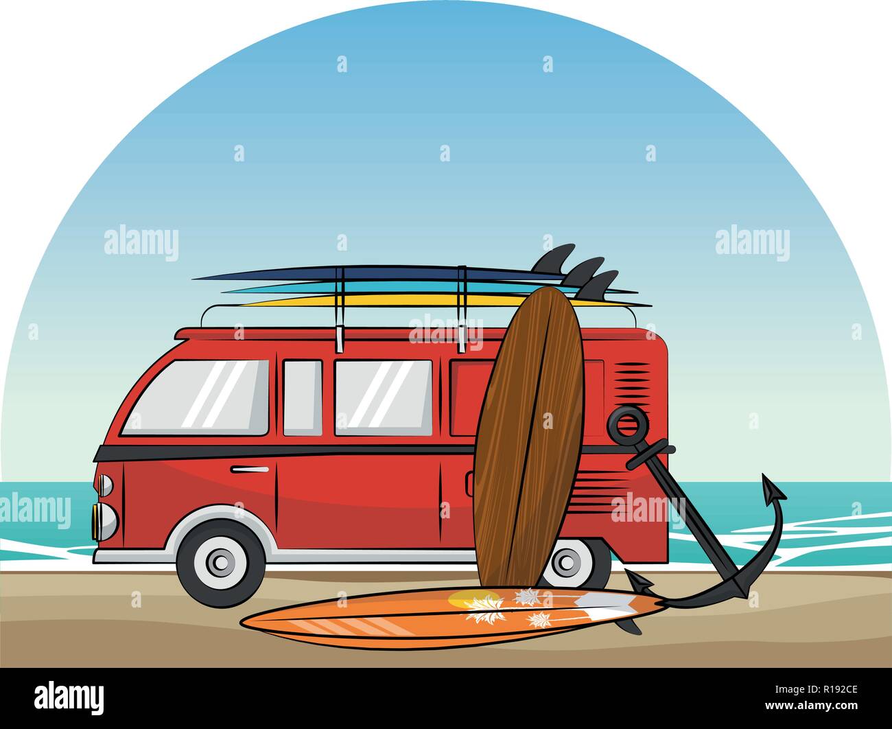 summer beach vintage car with surf tables and anchor cartoons vector ...