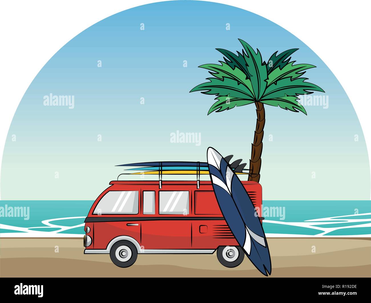summer vintage car with surf table in the beach cartoons vector ...