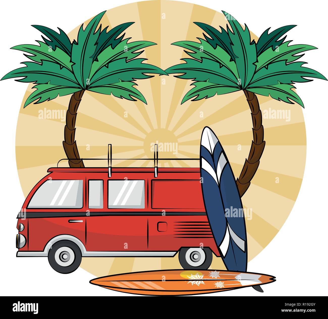 summer vintage car with surf table in the beach cartoons vector ...