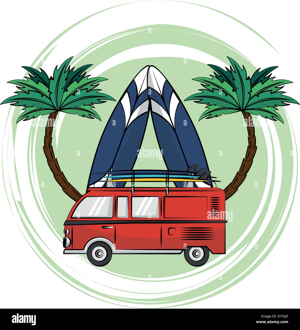 summer vintage car with surf table in the beach cartoons vector ...