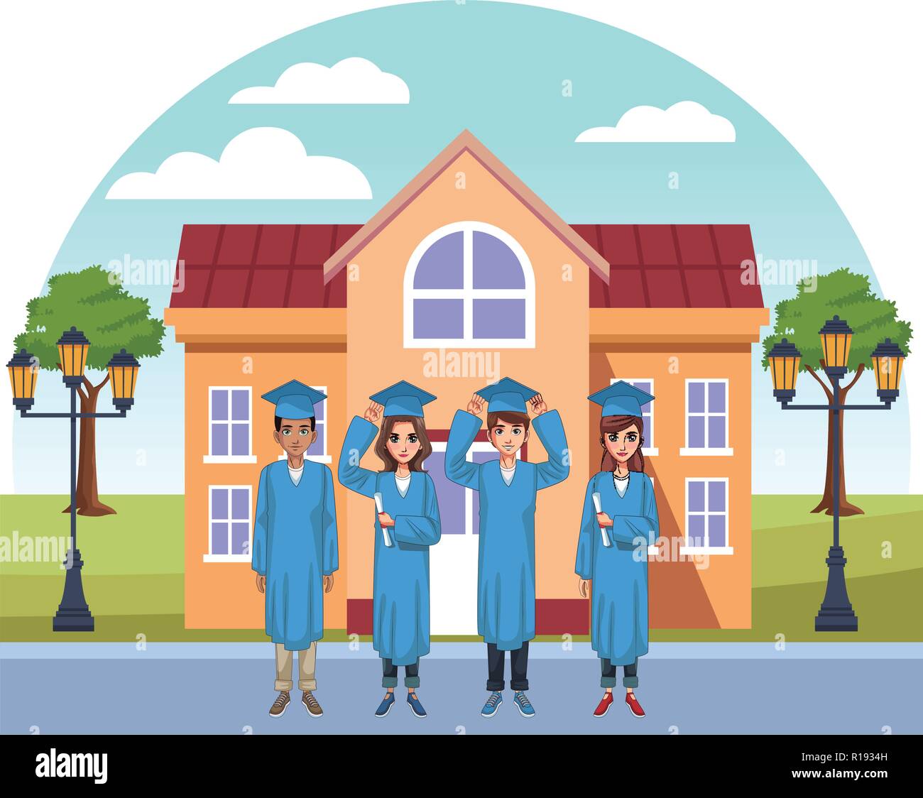 graduate group of people in front of university cartoon vector ...