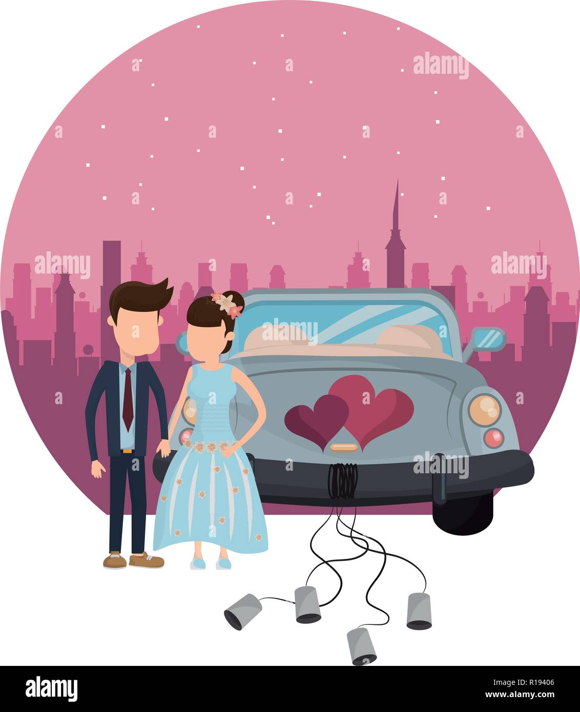 wedding couple with gray wedding car with heart design and purple city ...