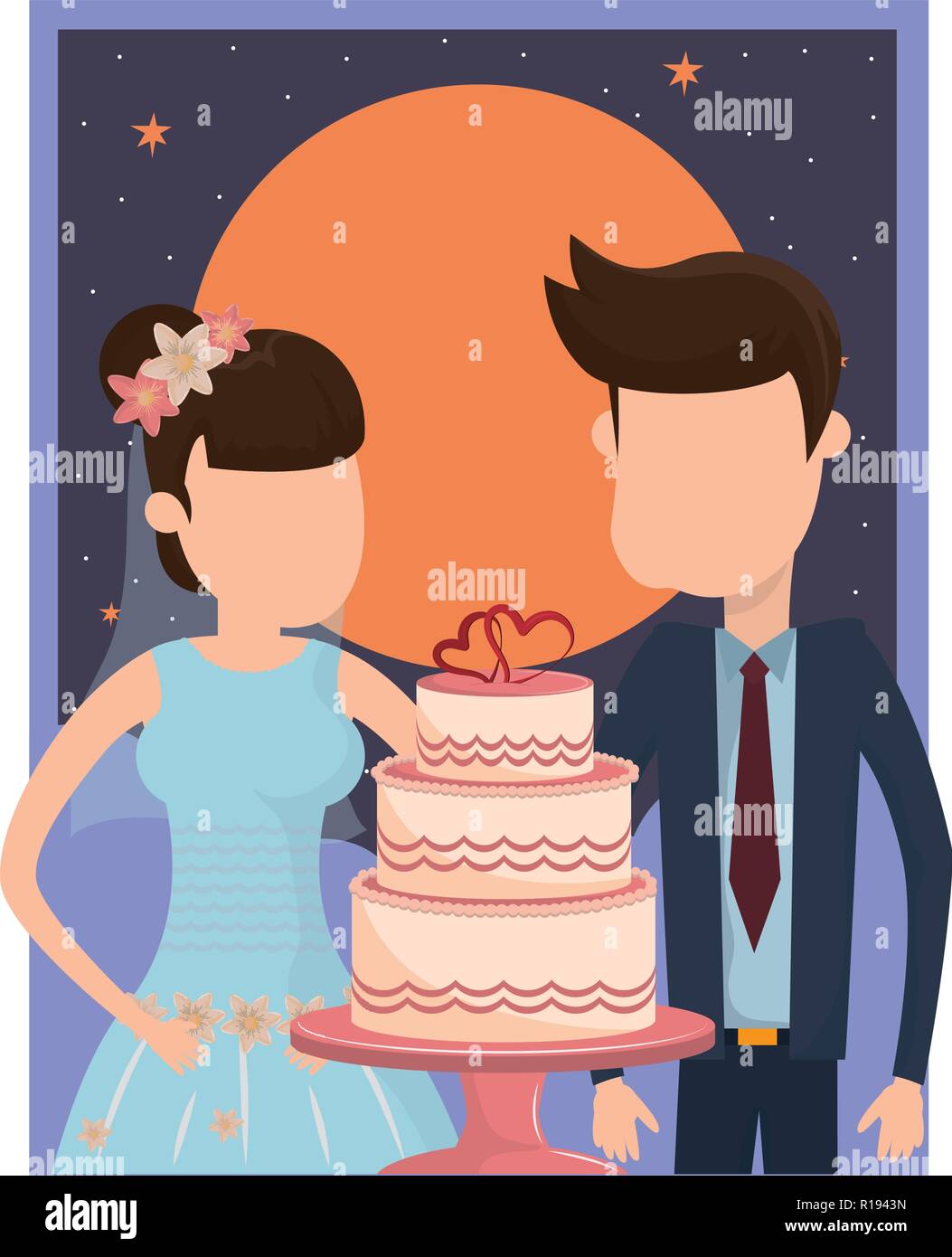 wedding couple with wedding cake heart decoration at night with moon ...