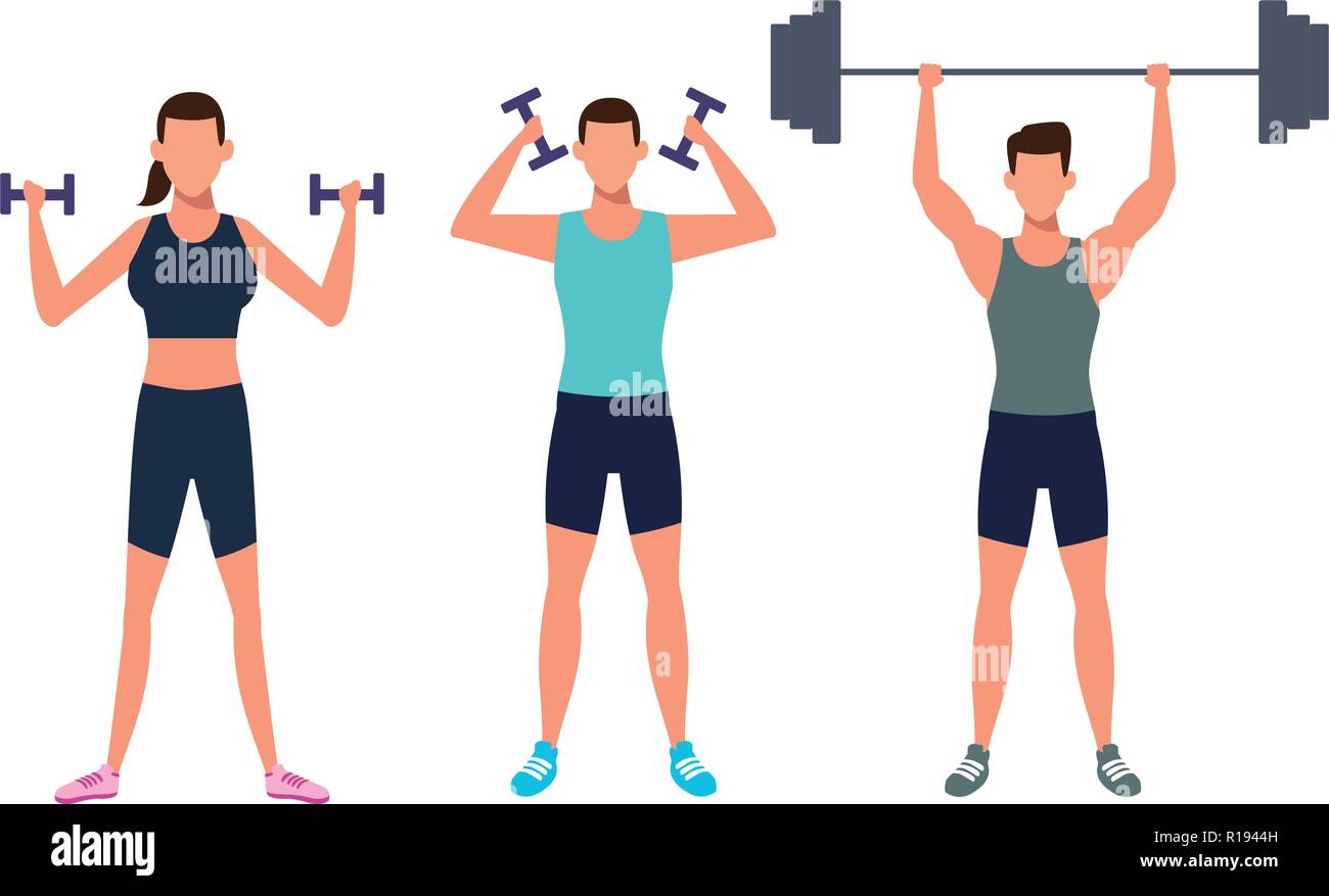 fitness people training with heavy dumbells cartoon vector illustration ...