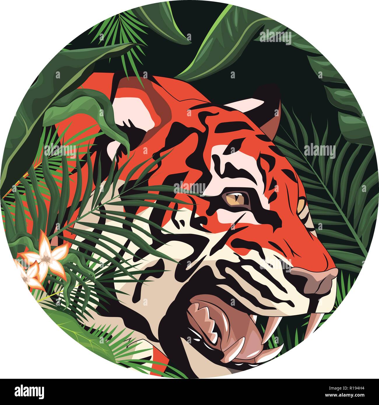 wild tiger face tree leaves round icon cartoon vector illustration ...