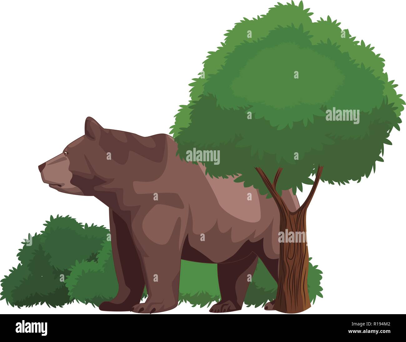 Wild Brown Bear Body With Bush And Tree Cartoon Vector Illustration Graphic Design Stock Vector