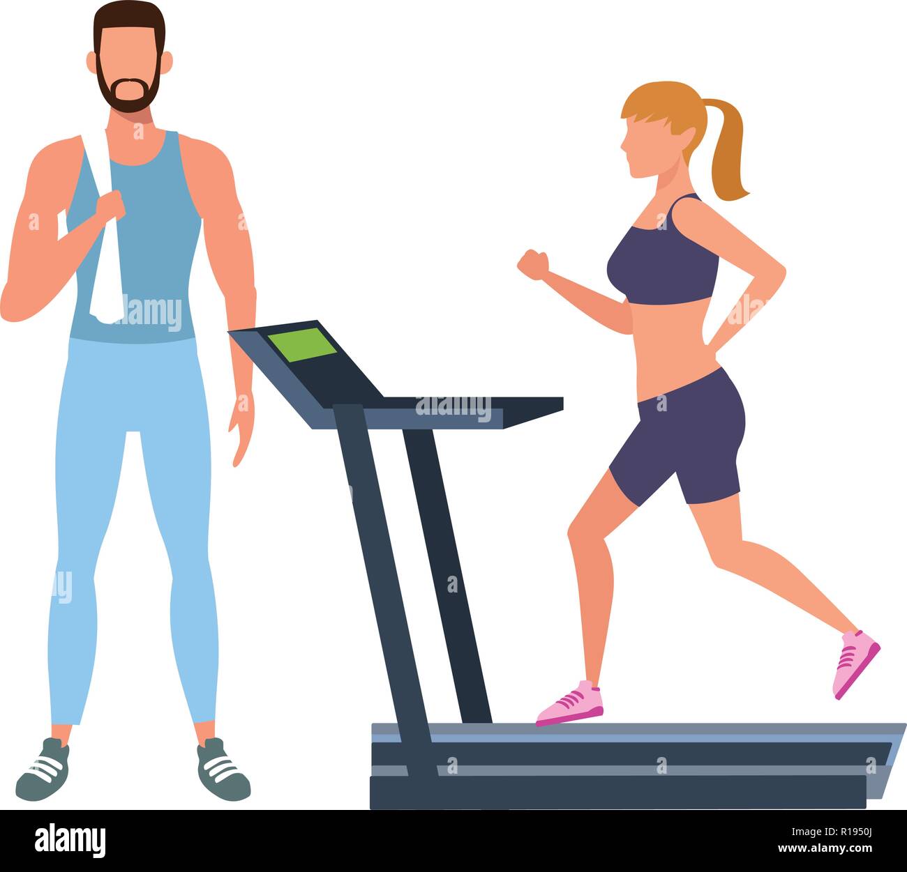 fitness couple training with running machine cartoon vector ...