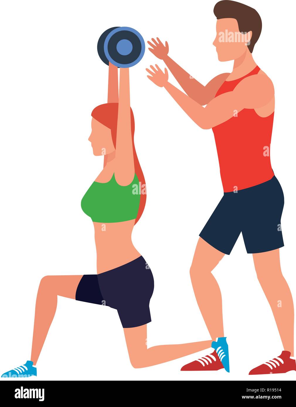 fitness couple training with dumbbell cartoon vector illustration ...