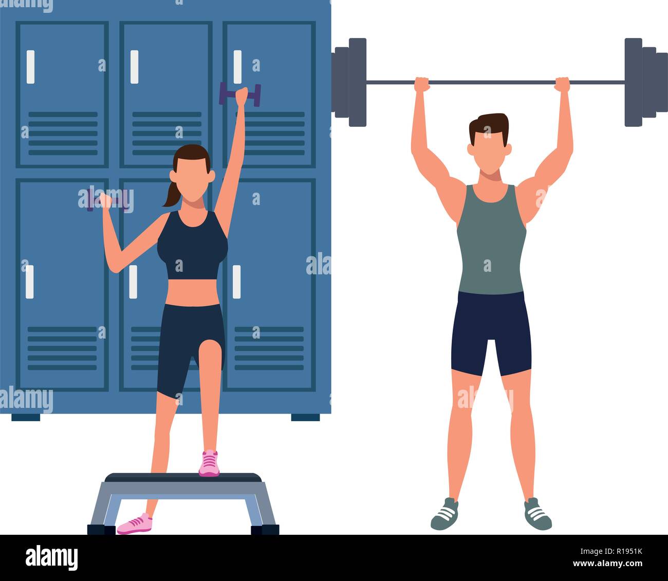 fitness couple training with heavy dumbbell cartoon vector illustration ...