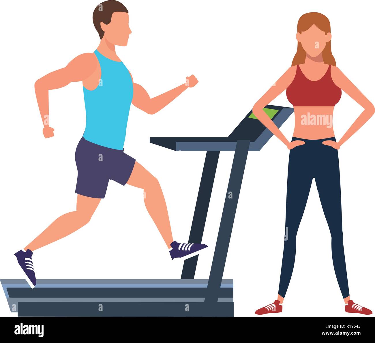 fitness couple training with running machine cartoon vector ...
