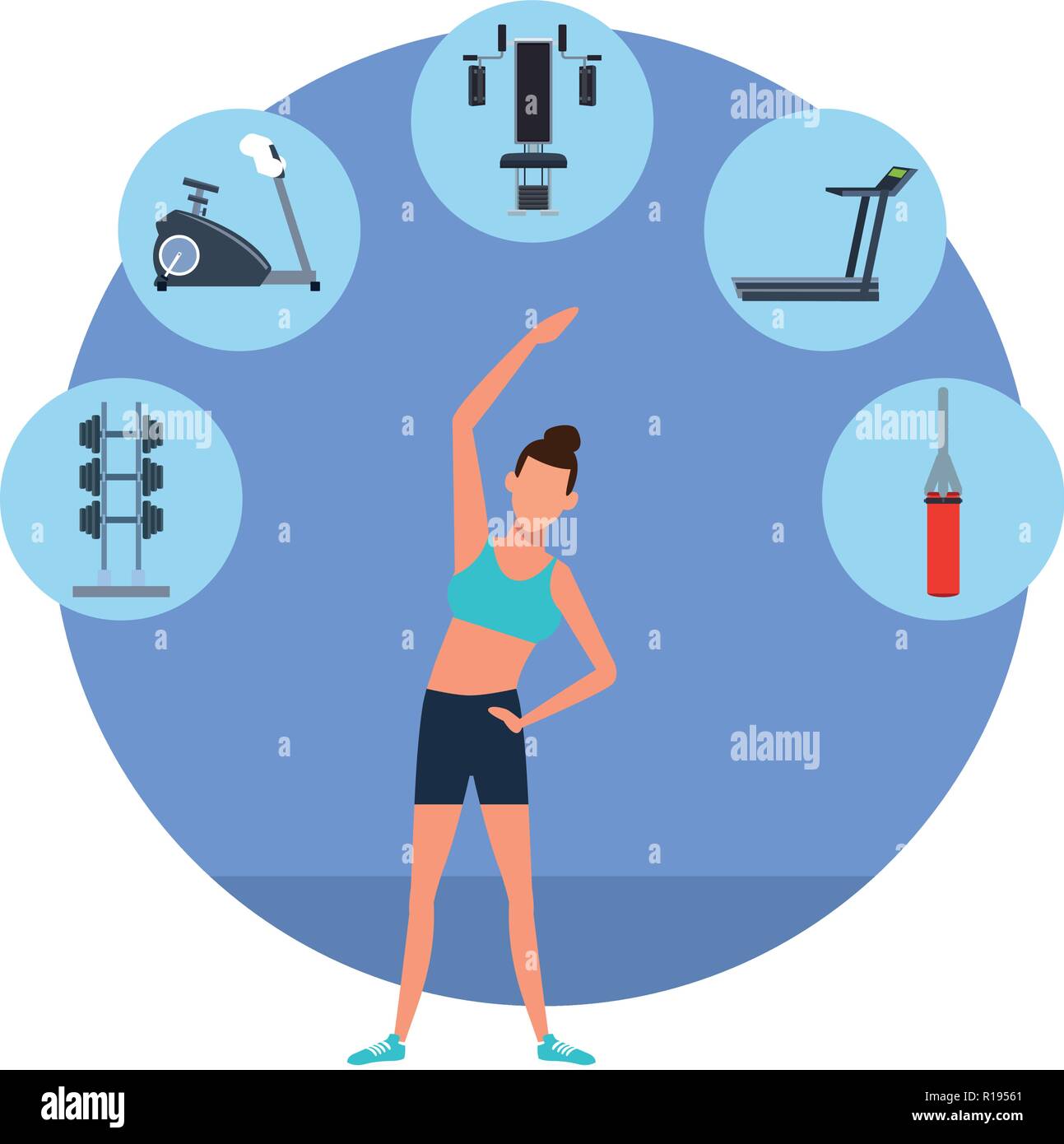 fitness woman training with dumbells and fitness elements blue round ...