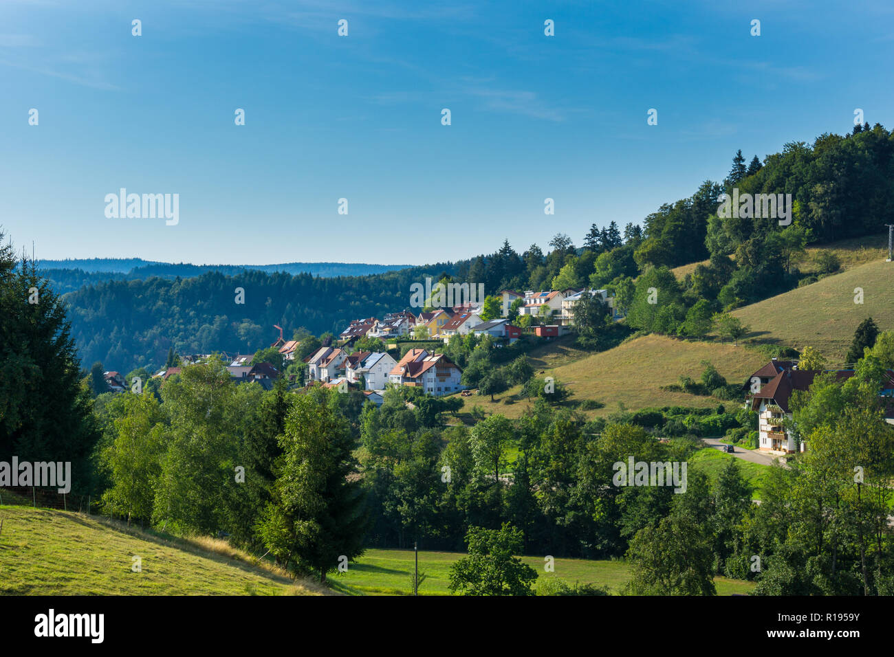 Germany, Houses of black forest village Elzach in beautiful summer ...