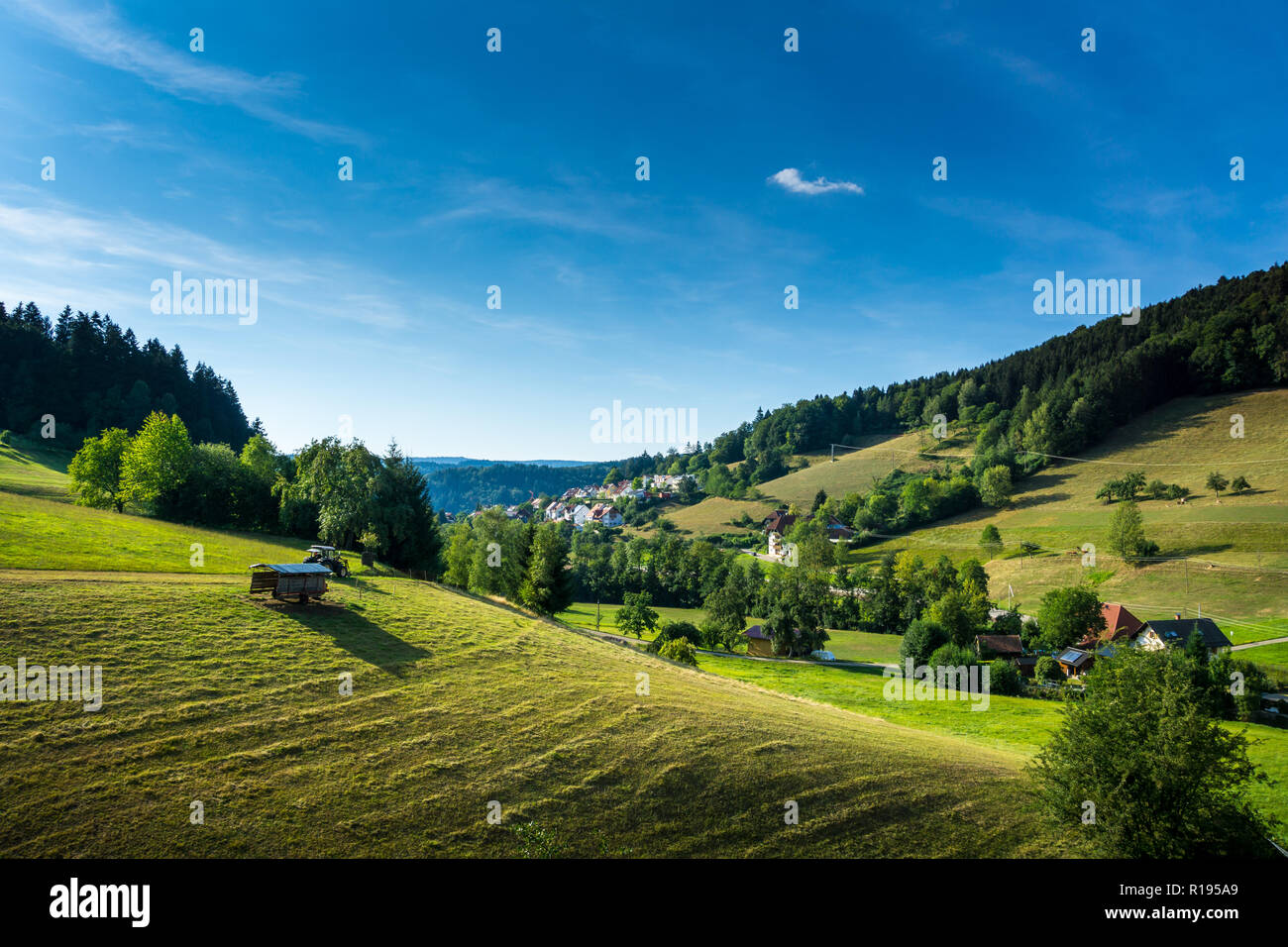 Germany, Rural black forest countryside and houses of village Elzach ...
