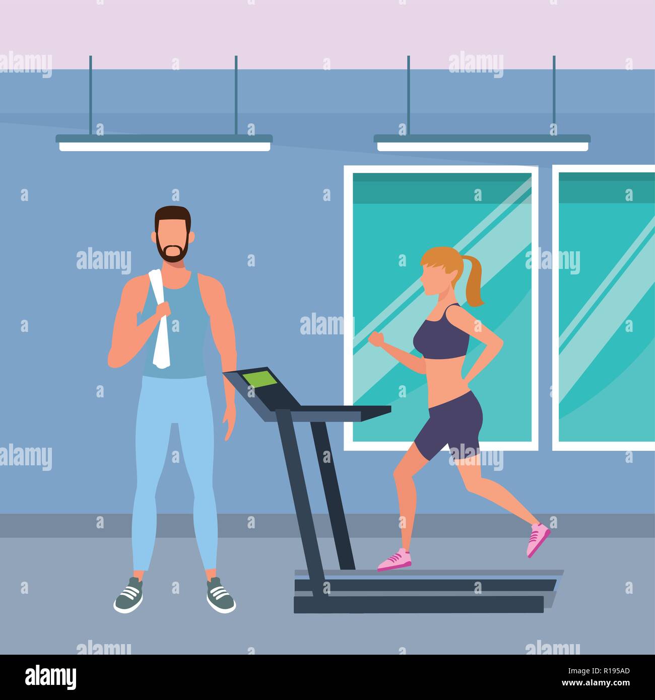 Fitness people training inside gym building scenery vector illustration ...