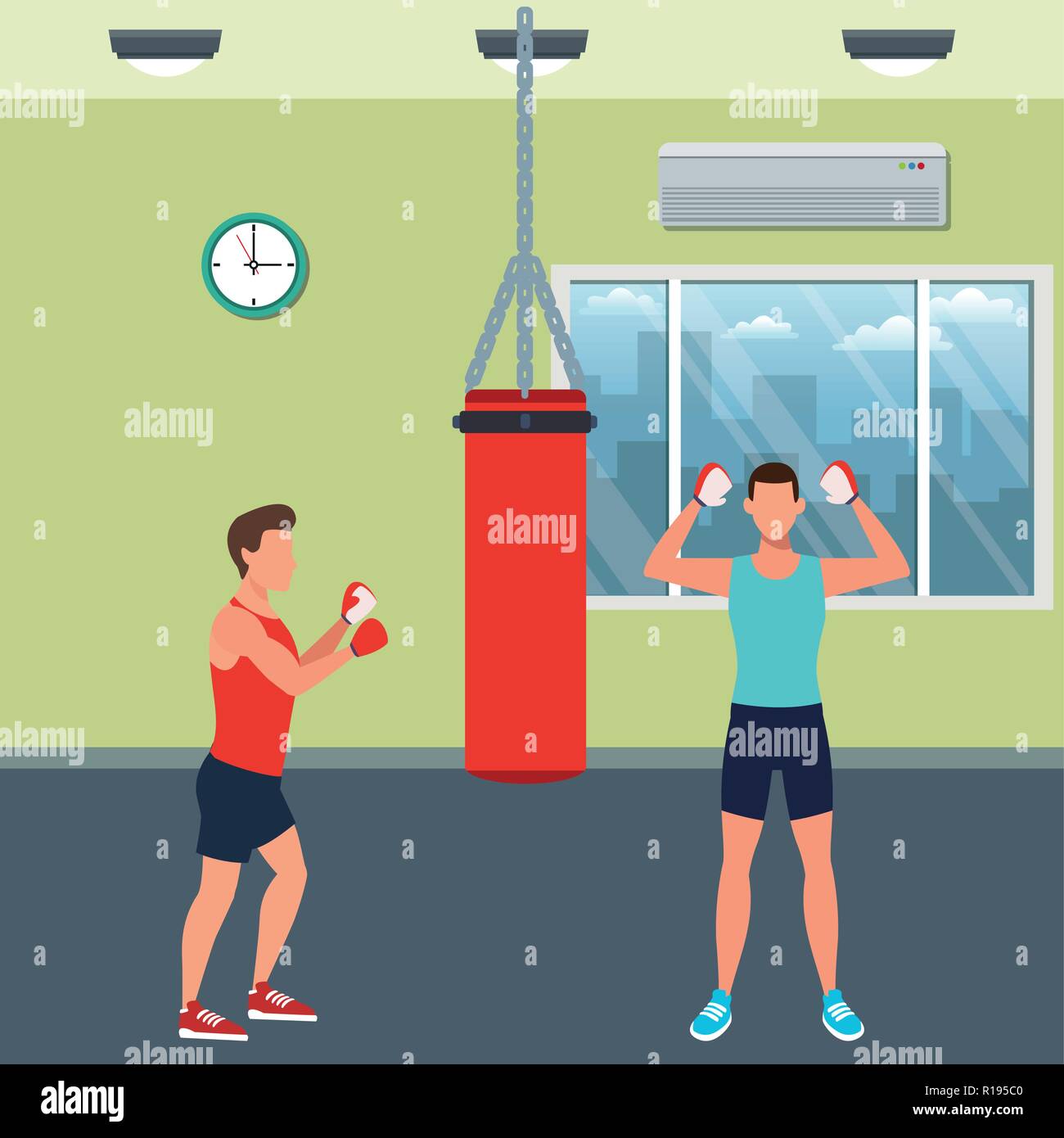 Fitness people training inside gym building scenery vector illustration ...