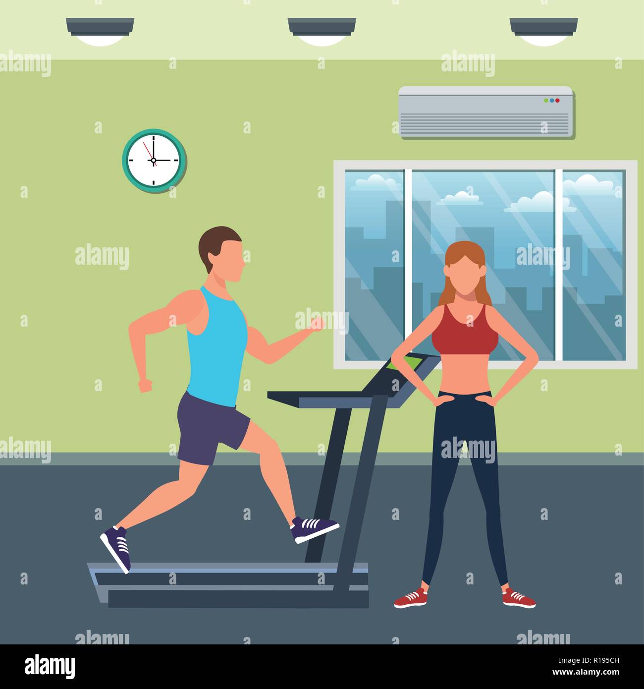 Fitness people training inside gym building scenery vector illustration ...