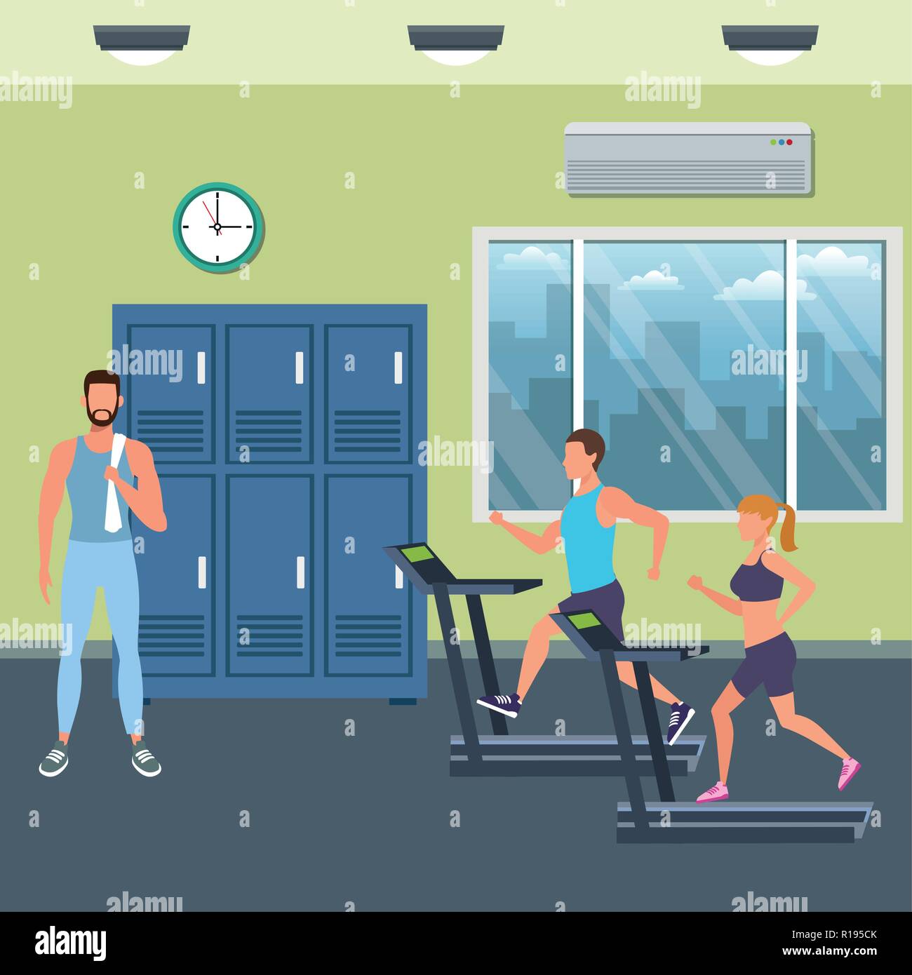 Fitness people training inside gym building scenery vector illustration ...