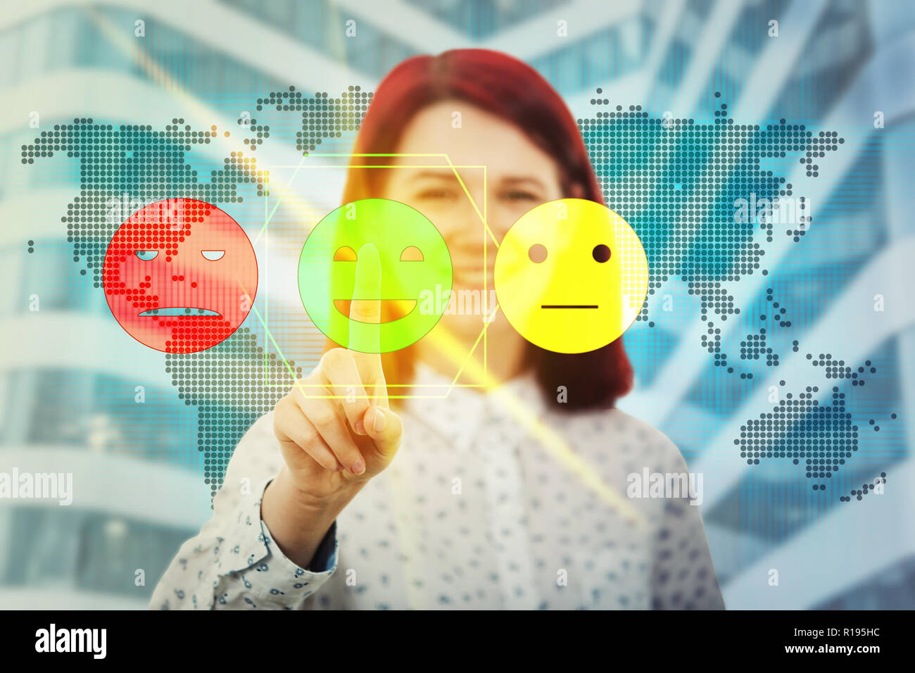Smiling woman touching digital screen interface choose feedback. Press ...