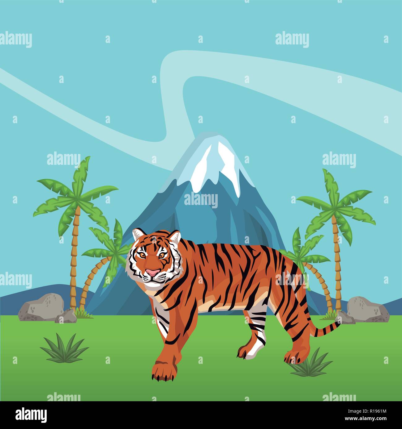 wild bengal tiger cartoon at nature landscape vector illustration graphic design Stock Vector ...