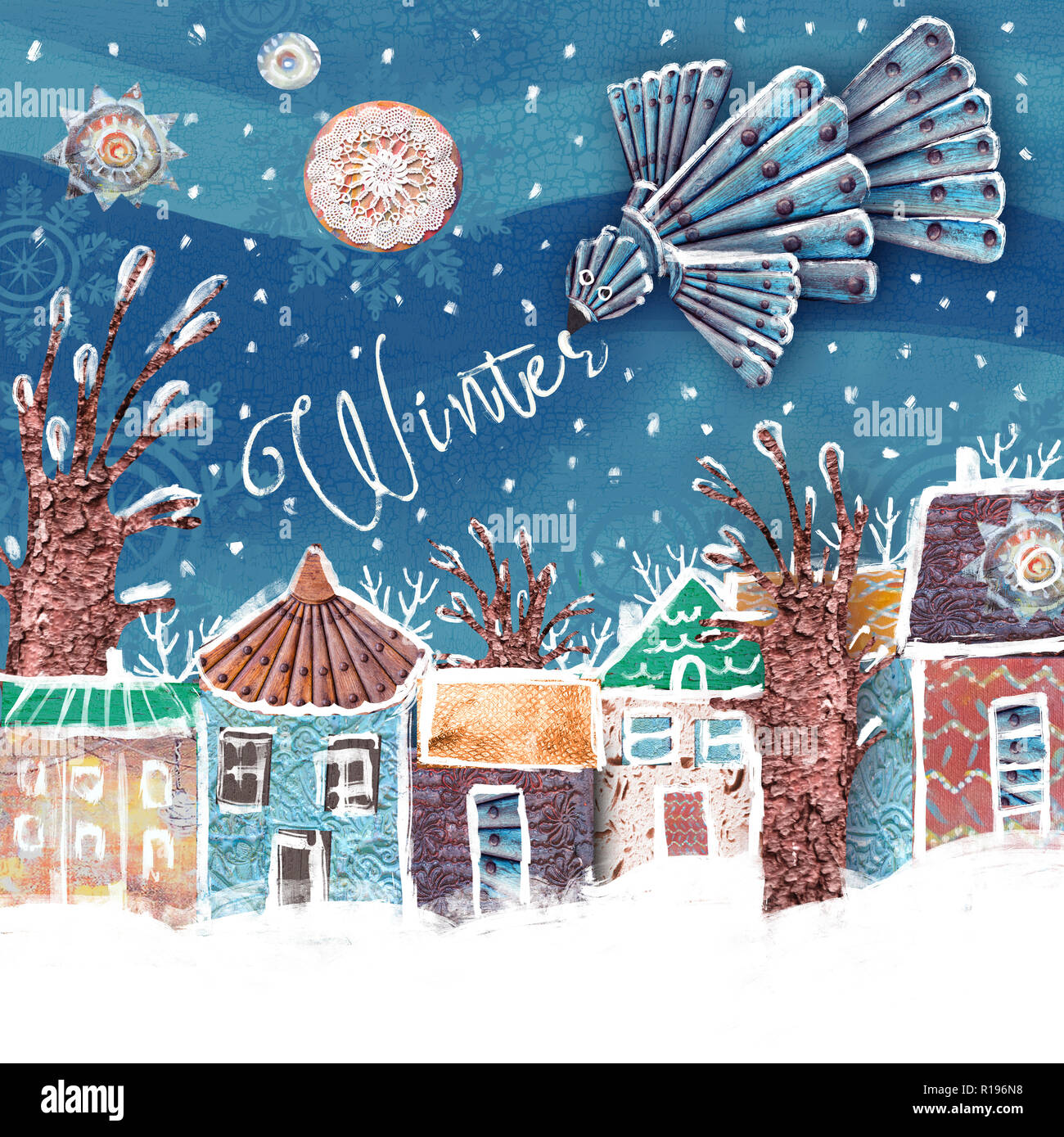 Flying birds over the winter city. Illustration-collage hello winter ...
