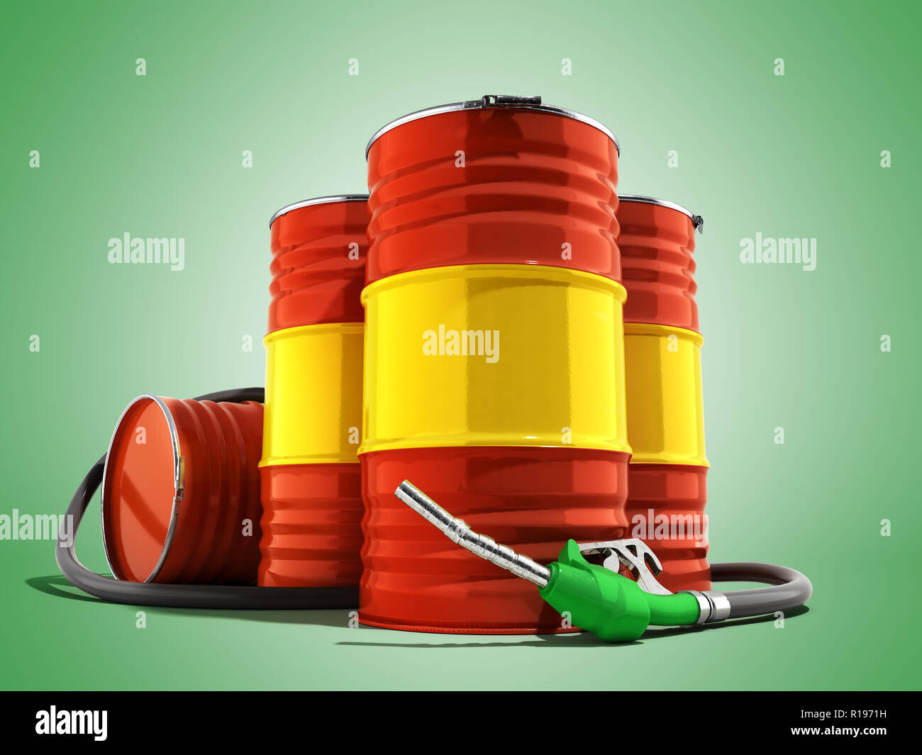 Oil barrels and drum containers 3render on green Stock Photo - Alamy