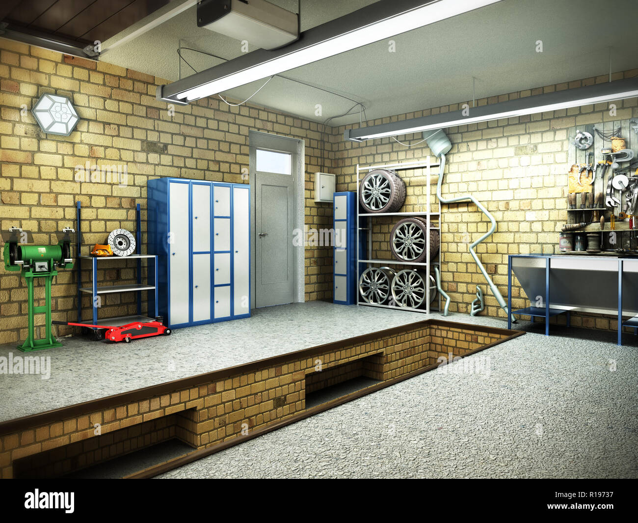 View of a Garage 3D Interior with Opened Roller Door 3D Rendering Stock ...