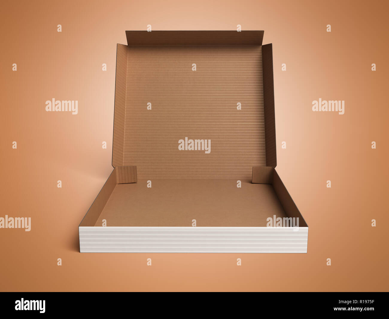 front view of opened pizza box 3d render on color background Stock ...