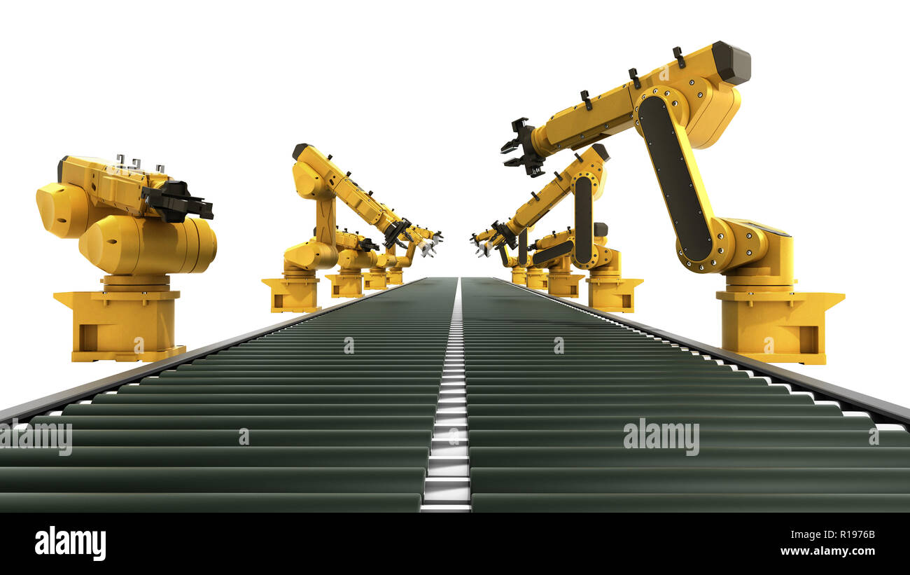 automated industrial conveyor view 3d rendr on white no shadow Stock ...