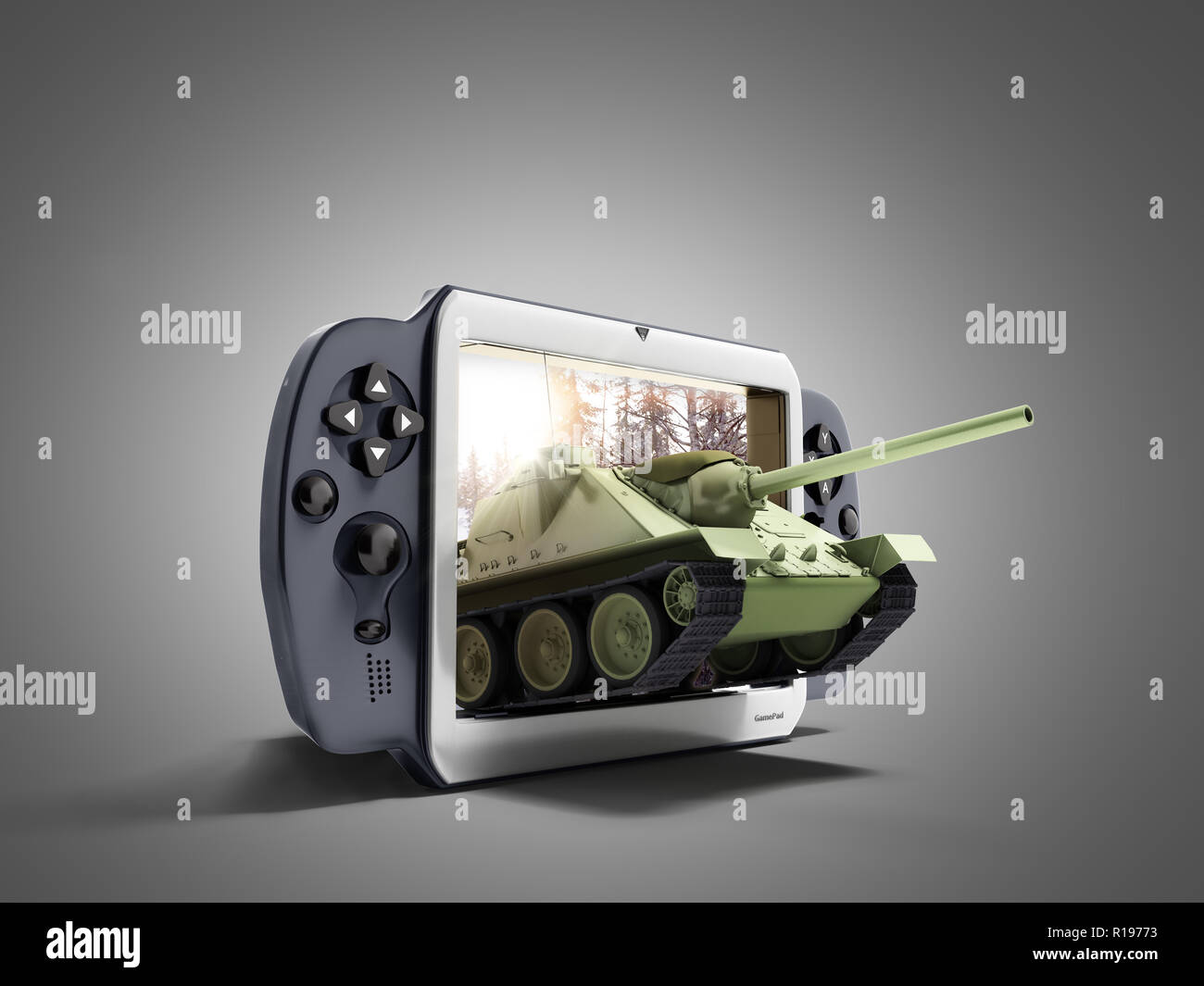 concept of tank games The tank leaves the screen of the gamepad 3d ...