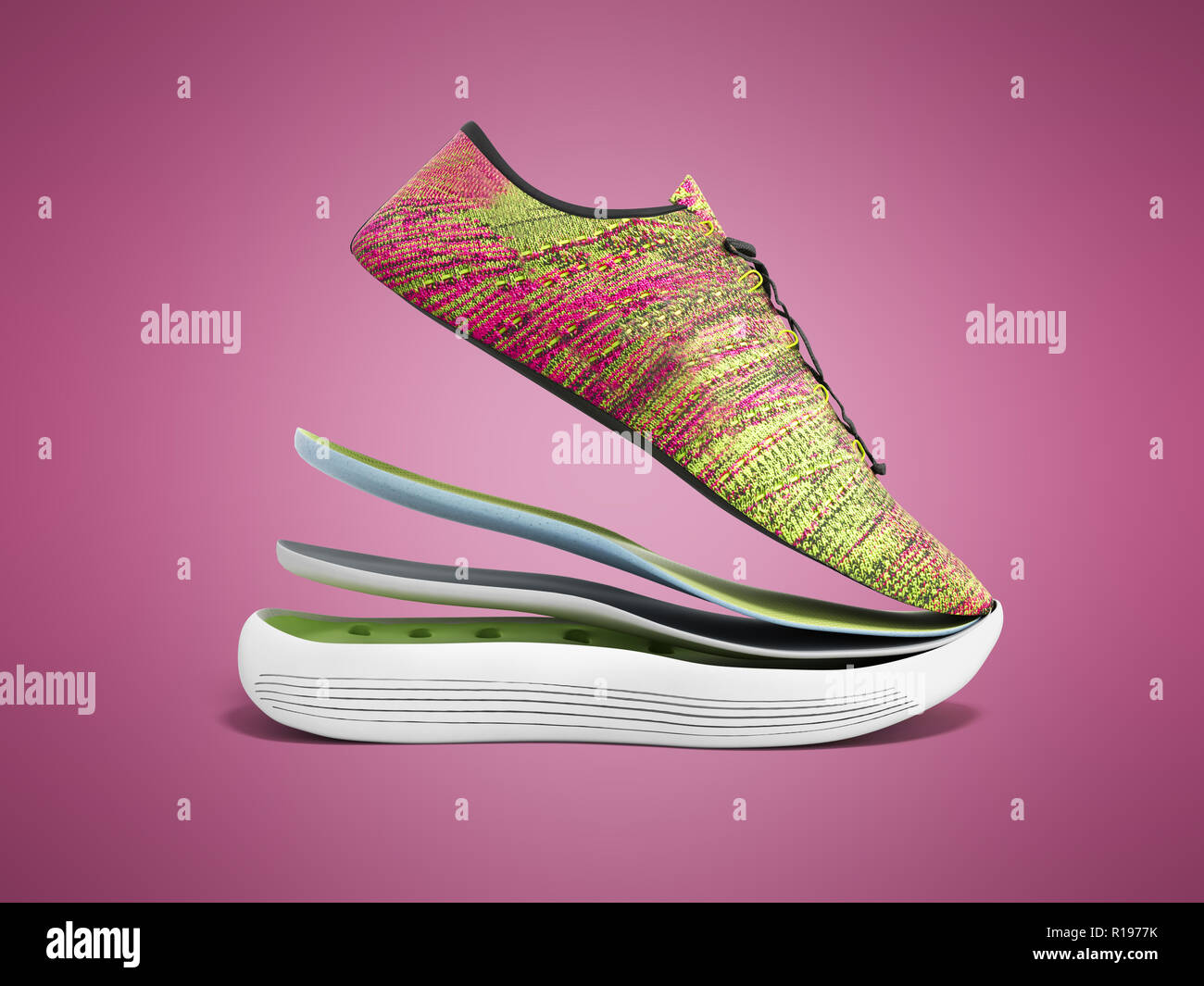 Pair of pink sport shoes by layers 3d render on color Stock Photo - Alamy