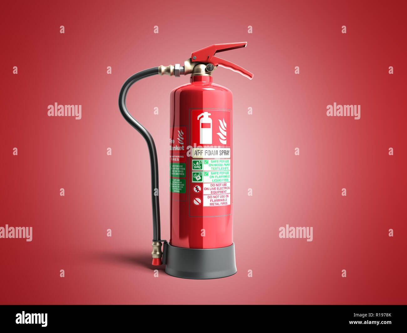 aff foam spray Fire extinguisher 3d render on red background Stock ...