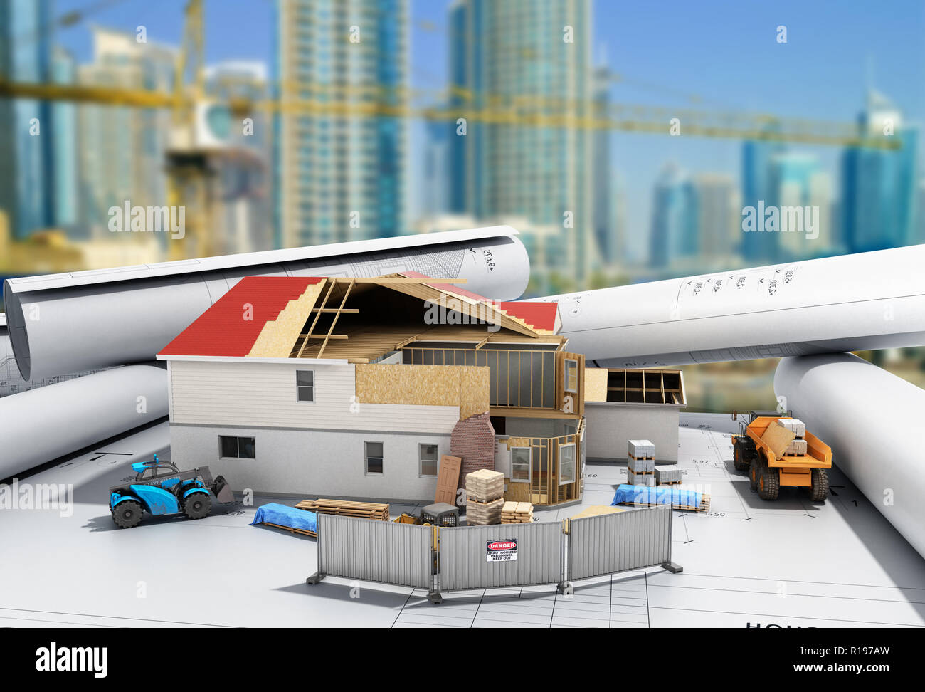 construction concept House in building process Three-dimensional image ...